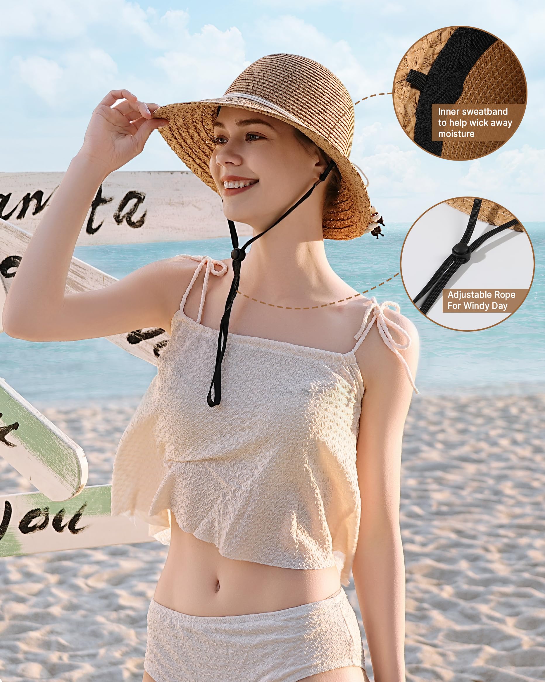 Beach Hats for Women, Beach Hat Womens UPF 50+, Straw Hat for Women Sun Hat Foldable Roll up Cap Khaki