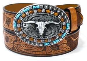 fgss western-cowboy-leather-belts for women turquoise-oval-buckle embossed cowgirl belt for jeans pants