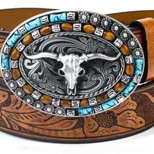 FGSS Western-Cowboy-Leather-Belts for Women Turquoise-Oval-Buckle Embossed Cowgirl Belt for Jeans Pants