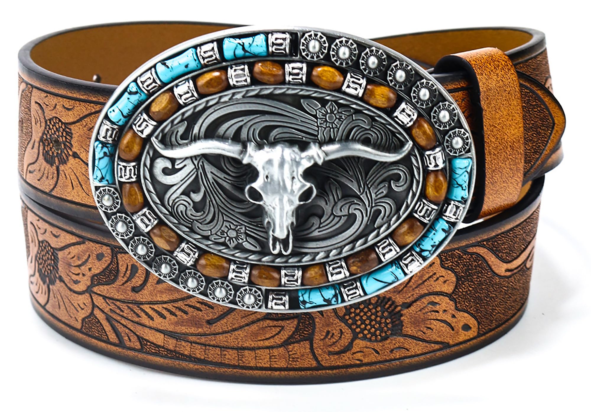 FGSS Western-Cowboy-Leather-Belts for Women Turquoise-Oval-Buckle Embossed Cowgirl Belt for Jeans Pants