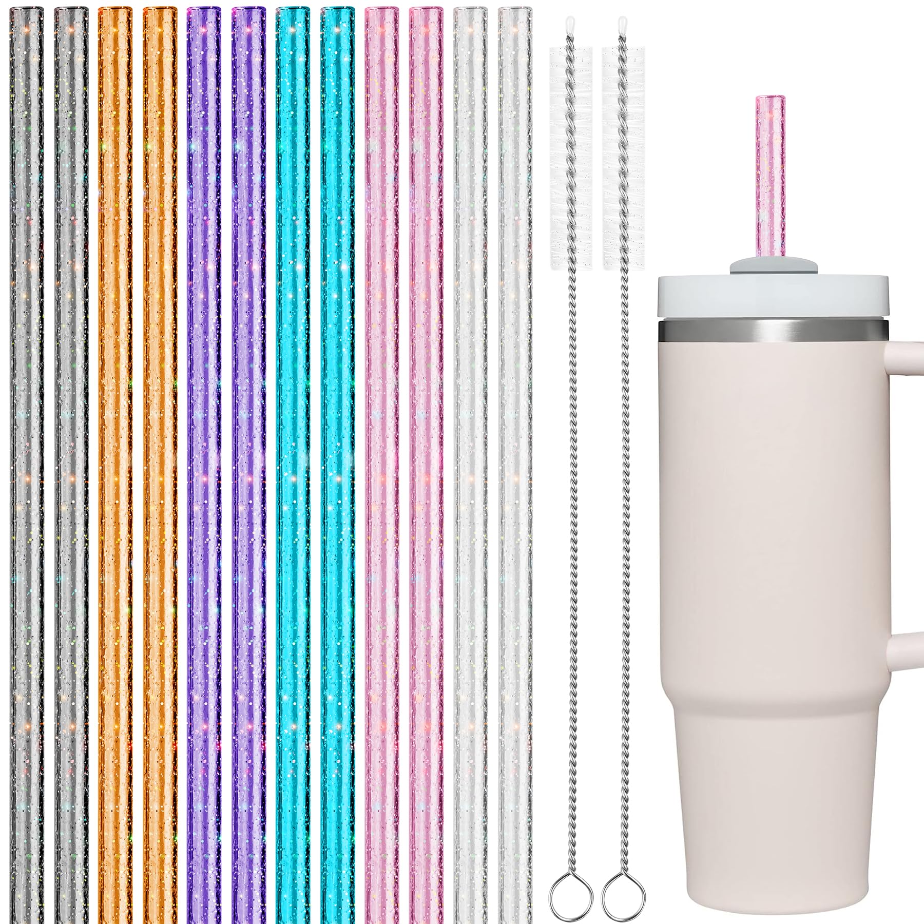 NiHome 40oz Straws, 12 Pack Glitter Plastic Replacement Straws for Stanley 40 oz Tumbler, 0.32’’ Diameter Reusable Straws 12’’ Long with 2 Brushes - Durable PETG, BPA-Free, w/Laser-Induced Sparkle