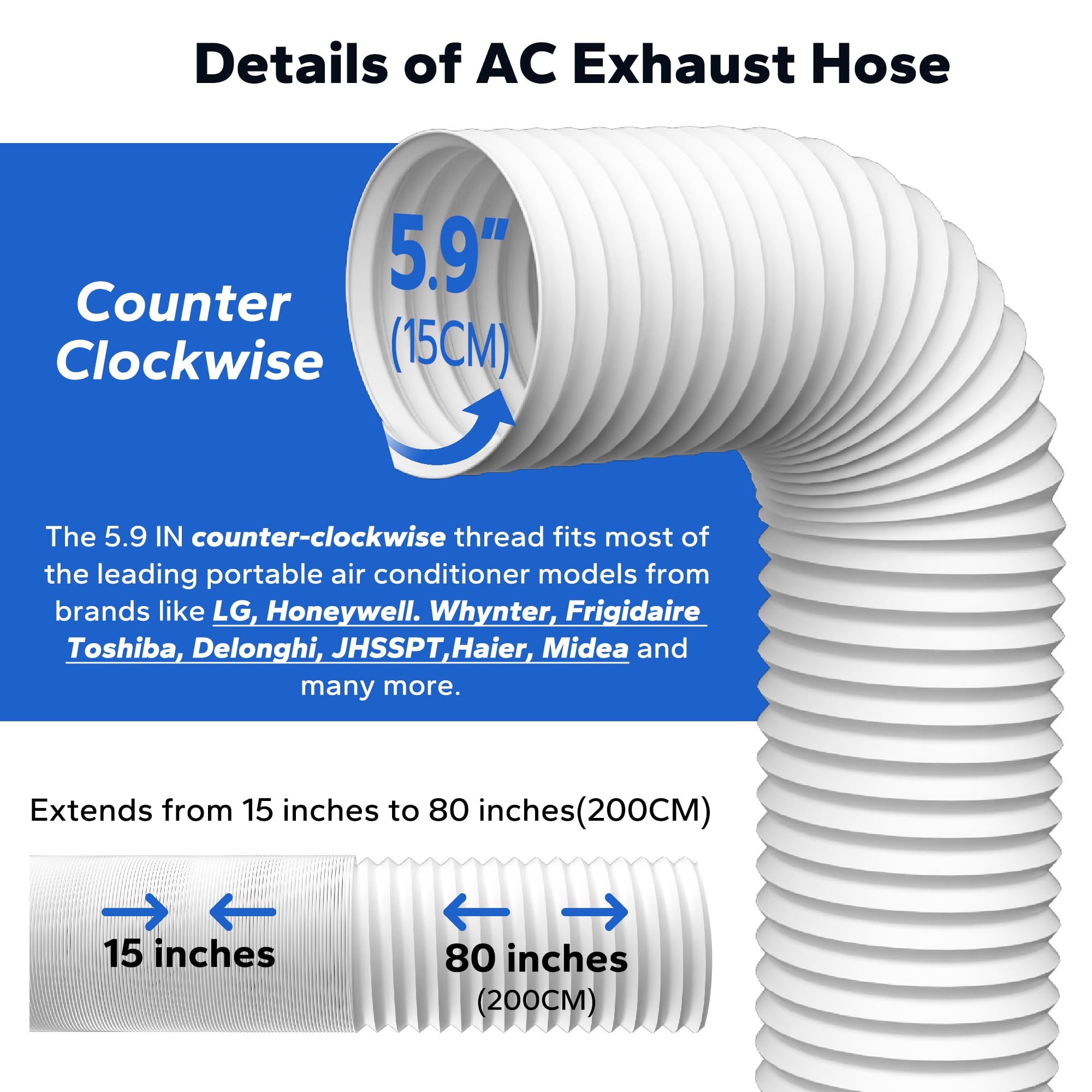 Cestluck Flexible AC Exhaust Hose, 5.9" Diameter Counterclockwise AC Hose, Length to 80", Portable Air Conditioner Vent Hose Compatible with Delonghi & LG Air Conditioner Parts