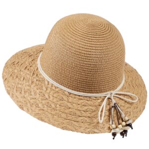 Beach Hats for Women, Beach Hat Womens UPF 50+, Straw Hat for Women Sun Hat Foldable Roll up Cap Khaki