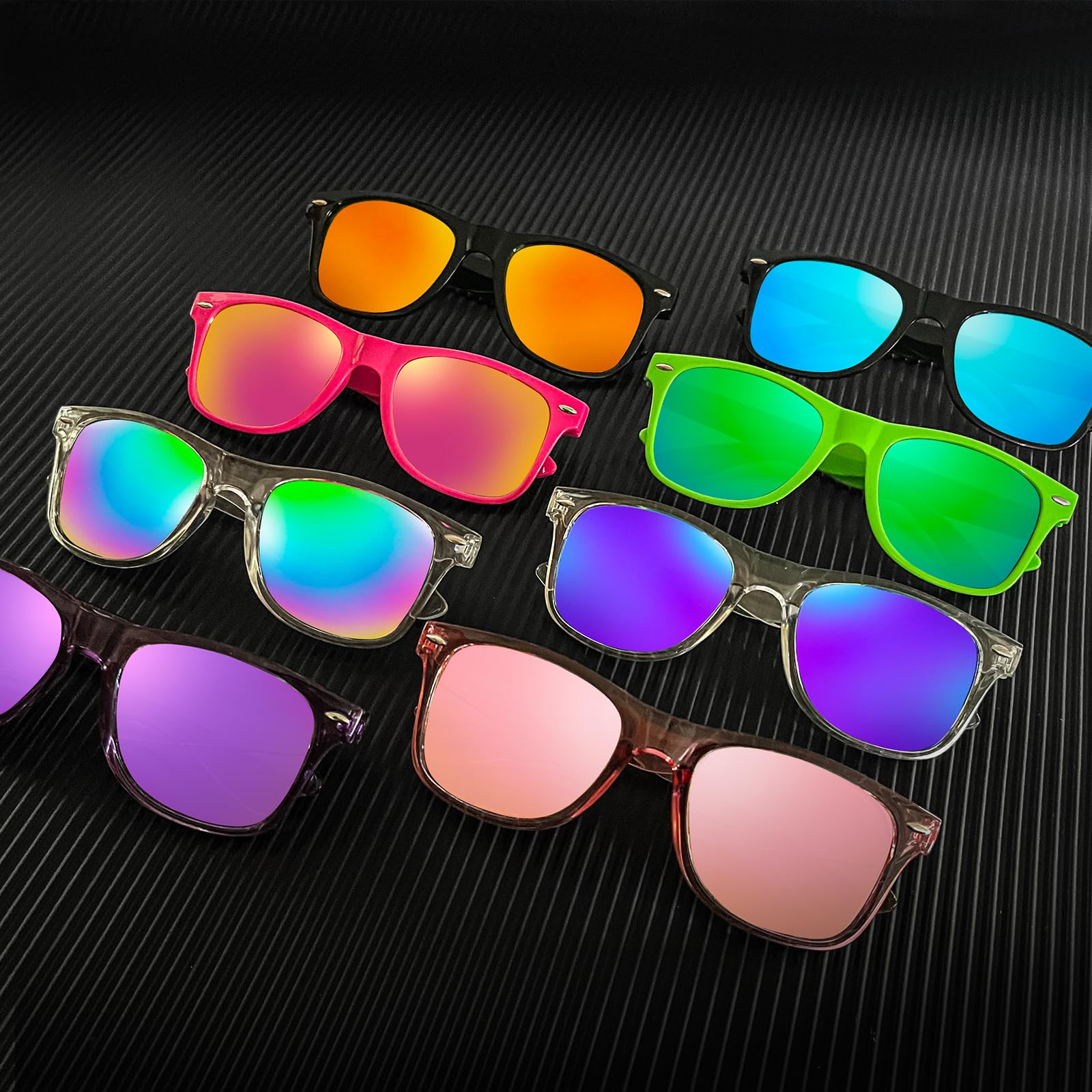 SUNOVELTIES 12 Pack Neon Color Sunglasses Classic Clear Colored Frame Mirrored Lenses Glasses Men/Women Bulk Birthday Beach Pool Party Favors