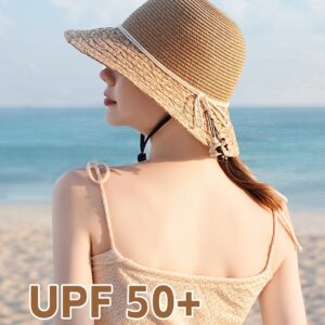 Beach Hats for Women, Beach Hat Womens UPF 50+, Straw Hat for Women Sun Hat Foldable Roll up Cap Khaki