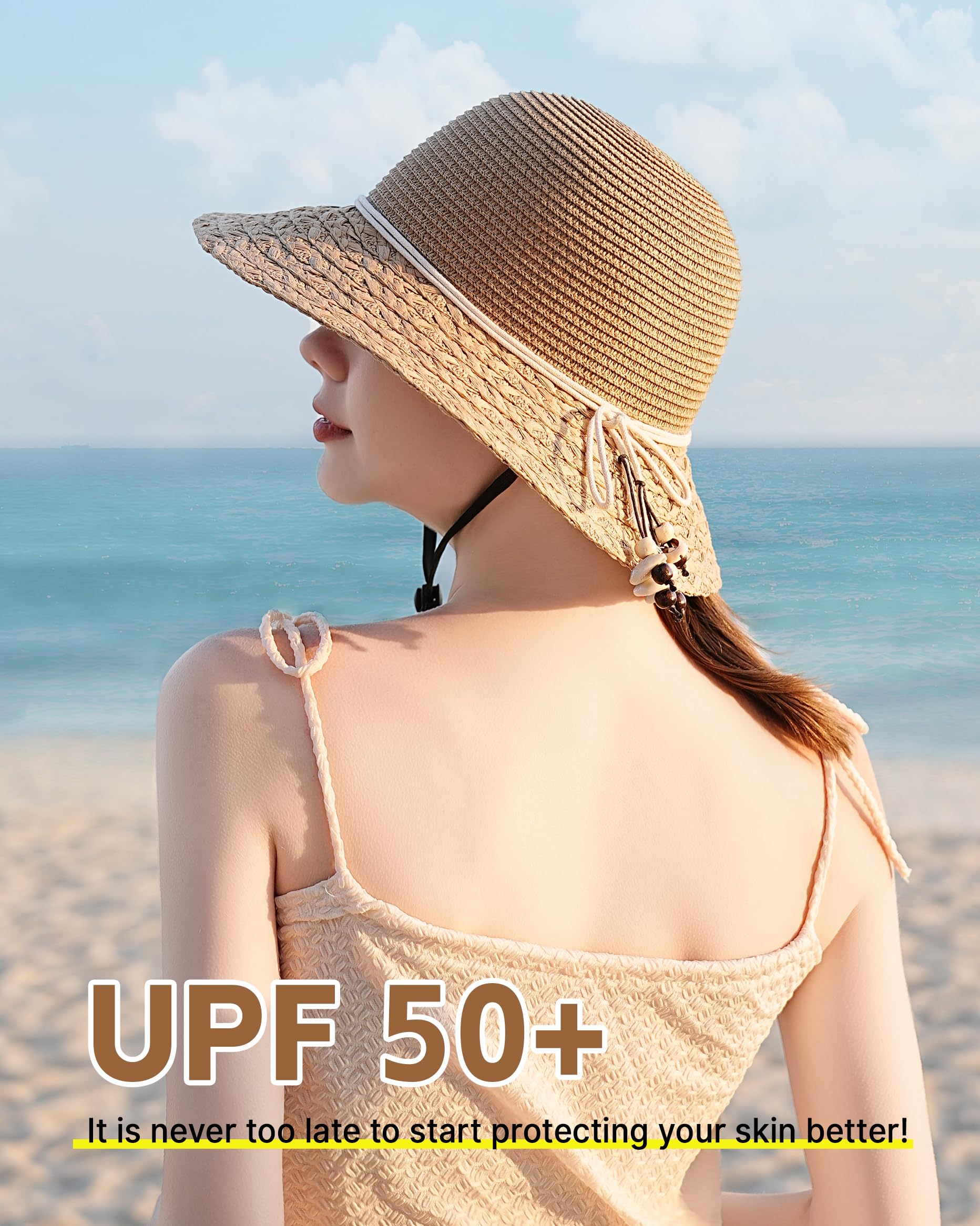 Beach Hats for Women, Beach Hat Womens UPF 50+, Straw Hat for Women Sun Hat Foldable Roll up Cap Khaki