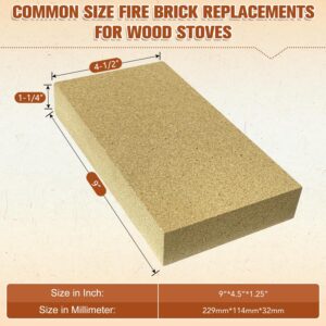 Fire Bricks, FireBrick, High Temperature Insulated Firebricks for Wood Stoves, Fireplaces, Size 9" X 4-1/2" X 1-1/4", Pack of 6, Wood Stove Bricks, Fireplace Brick