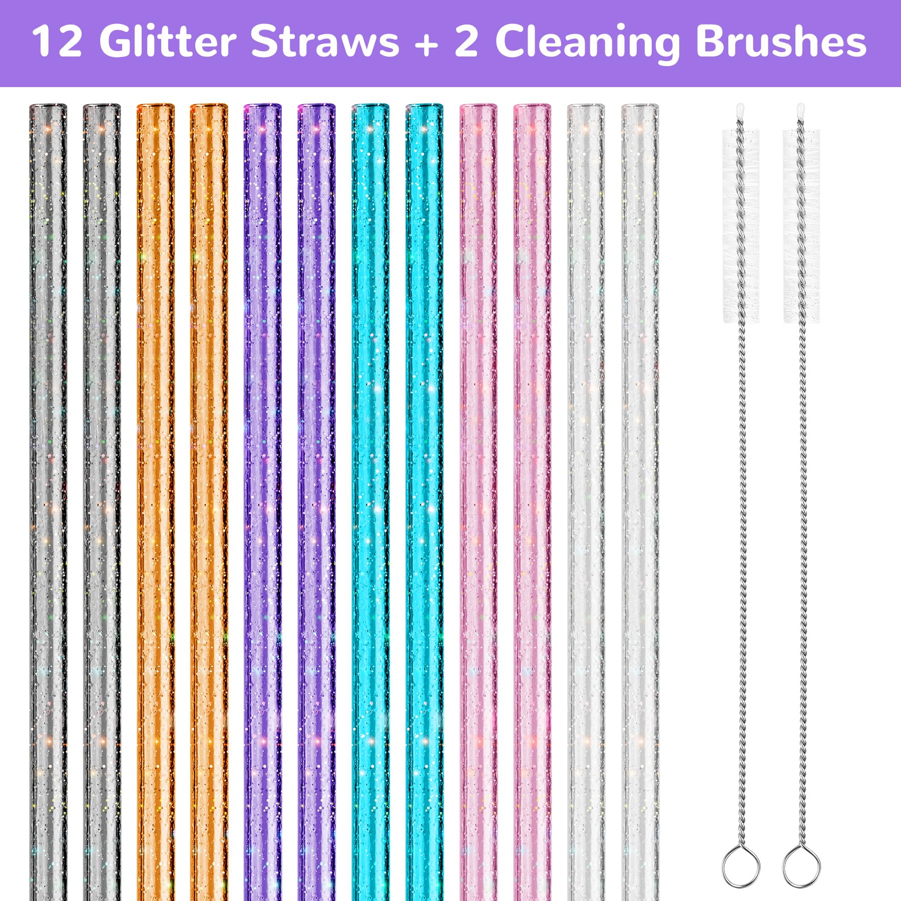 NiHome 40oz Straws, 12 Pack Glitter Plastic Replacement Straws for Stanley 40 oz Tumbler, 0.32’’ Diameter Reusable Straws 12’’ Long with 2 Brushes - Durable PETG, BPA-Free, w/Laser-Induced Sparkle