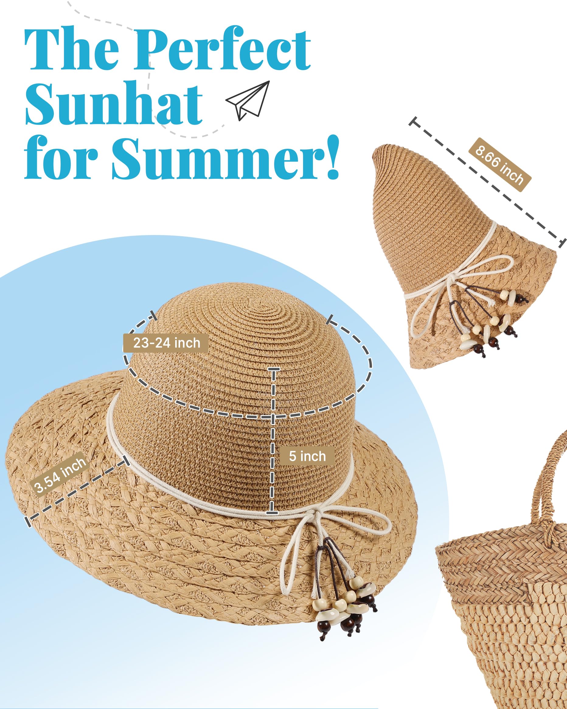 Beach Hats for Women, Beach Hat Womens UPF 50+, Straw Hat for Women Sun Hat Foldable Roll up Cap Khaki