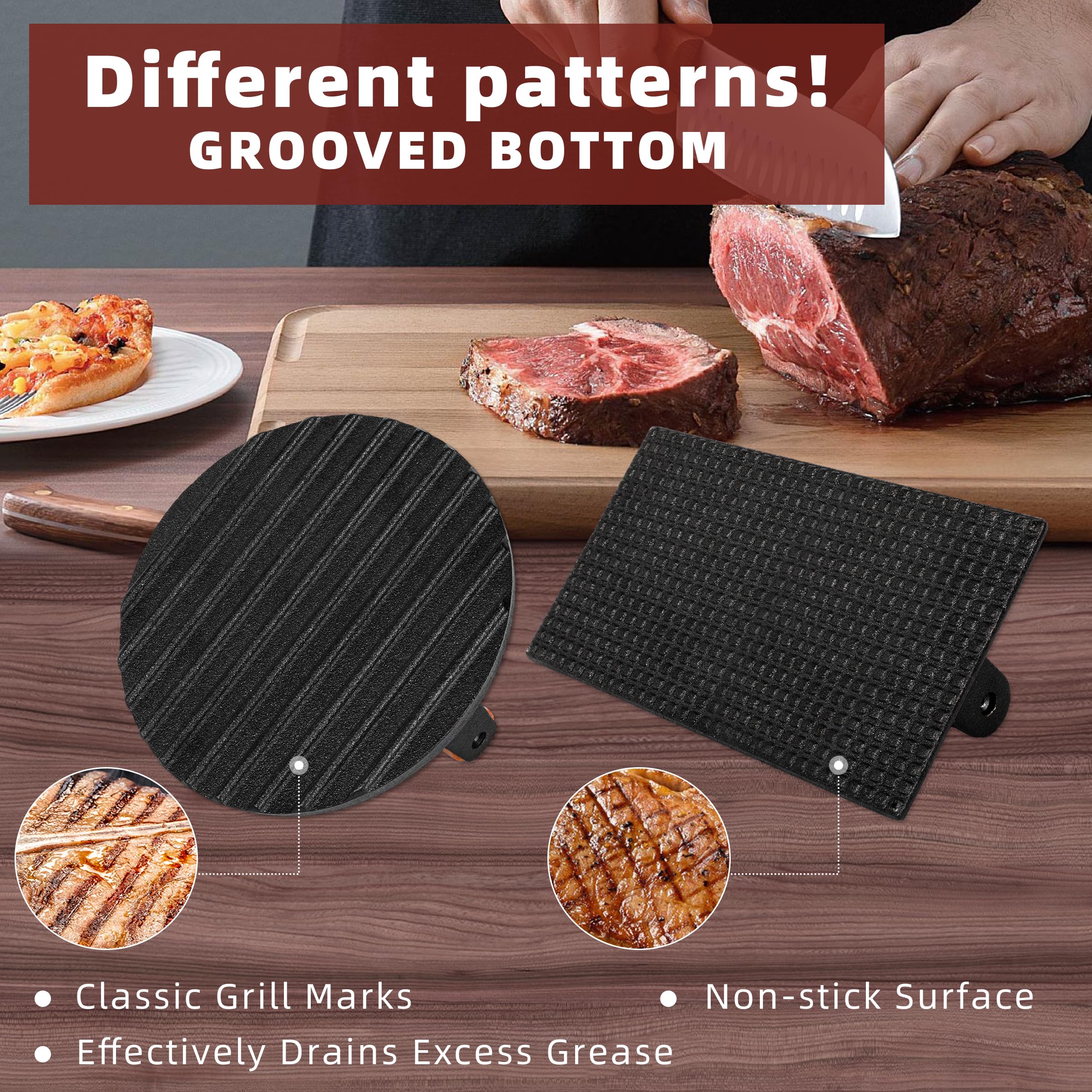 LWWTBS Burger Press Heavy-Duty Cast Iron Smashed Meat Steak Weight Grill Griddle Press (7" Round & 8.2"X4.3" Rectangle) with Wood Handle for Blackstone Griddle