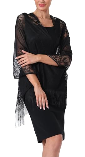 BRYCTSISEN Women’s Floral Lace Shawls and Wraps for Evening Dress Fringe Lace Pashmina Scarf for Wedding Costume Party (Black)