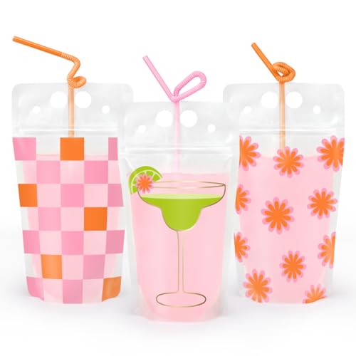 xo, Fetti Flower Margarita Pink Checker Gold Foil Drink Pouches - 15 count | Mexican Bachelorette Fiesta Drinkware, Cute Birthday Party Cups, Summer Flower Drinkware Supplies, Cinco de Mayo