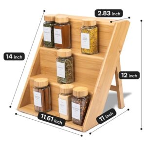 Bamboo Spice Rack Organizer For Kitchen Drawer, Countertop & Cabinet - Sturdy Wood Shelf Seasoning Rack with Wooden Spoon - 3 Tiered, Foldable Storage Standing with Anti-Slip Pads (No Jars Included)