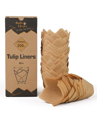 Bake Choice 200pcs Natural Mini Tulip Cupcake Liners for Baking Cups, Unbleached, Greaseproof EU Parchment paper, Mini Tulip Muffin Liners for Party, Christmas, Valentines