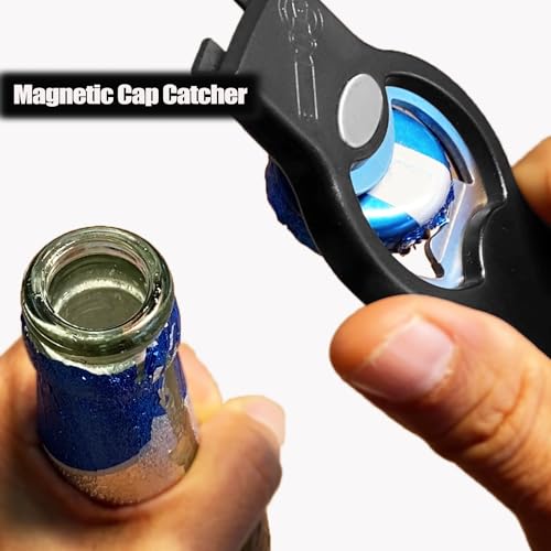 3-in-1 Magnetic Bottle and Can Opener for Refrigerator, Stainless Steel Manual Can Punch Opener for Liquid with Cap Catcher, Stick to Fridge for Easy Storage, Can Tapper Church Key with Magnet (Black)