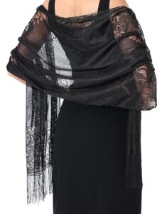 bryctsisen women’s floral lace shawls and wraps for evening dress fringe lace pashmina scarf for wedding costume party (black)