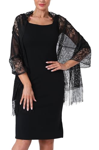 BRYCTSISEN Women’s Floral Lace Shawls and Wraps for Evening Dress Fringe Lace Pashmina Scarf for Wedding Costume Party (Black)