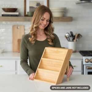 Bamboo Spice Rack Organizer For Kitchen Drawer, Countertop & Cabinet - Sturdy Wood Shelf Seasoning Rack with Wooden Spoon - 3 Tiered, Foldable Storage Standing with Anti-Slip Pads (No Jars Included)