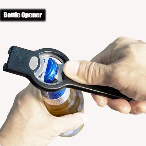 3-in-1 Magnetic Bottle and Can Opener for Refrigerator, Stainless Steel Manual Can Punch Opener for Liquid with Cap Catcher, Stick to Fridge for Easy Storage, Can Tapper Church Key with Magnet (Black)