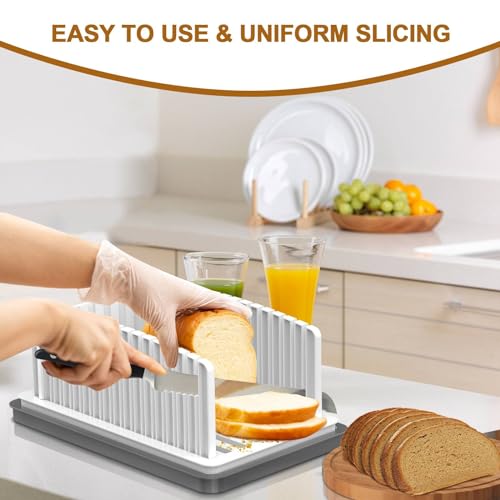 Kiss Core New Upgrade Bread Slicer for Homemade Bread, Bread Slicing Guide Adjustable Width, Foldable and Compact Cutting Guide with Crumb Tray, Suitability for Homemade Bread, Bagels, Cakes.