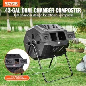 VEVOR Compost Bin, 43-Gal Dual Chamber Composting Tumbler, Large Tumbling Rotating Composter with 2 Sliding Doors and Steel Frame, BPA Free Composter Bin Tumbler for Garden, Kitchen, Yard, Outdoor