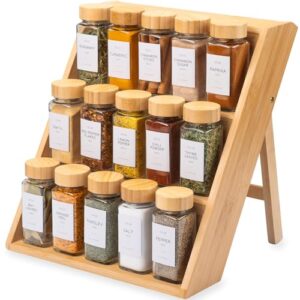 bamboo spice rack organizer for kitchen drawer, countertop & cabinet - sturdy wood shelf seasoning rack with wooden spoon - 3 tiered, foldable storage standing with anti-slip pads (no jars included)