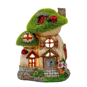 teresa's collections mushroom garden statues with outdoor solar light, green flocked fall decorations for home, resin fairy house accessories outdoor fall decor yard lawn ornaments gifts for mom 6.6“