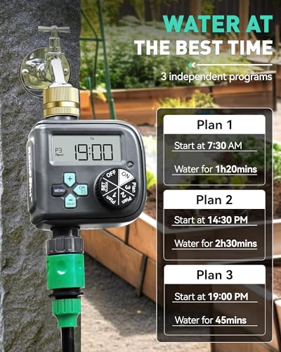 RAINPOINT Sprinkler Timer with 3 Different Programs, Waterproof Hose Timer Brass Inlet, Water Timer with Rain Delay/Manual/Automatic Irrigation Timer System, 1 Outlet