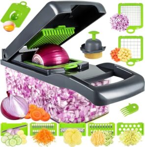 redroko vegetable chopper with container - multifunctional vegetable cutter, veggie chopper, onion cutter, kitchen choppers and dicers, fruit and vegetable chopper, 16 in 1 food chopper with 8 blades