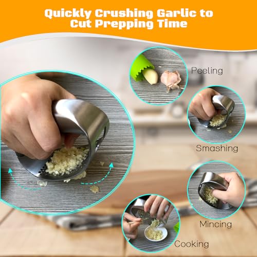 Garlic Press Rocker Heavy Duty Stainless Steel Garlic Mincer Garlic Crusher Garlic Chopper with Peeler And Scraper for Smash Garlic Built-in Bottle Opener