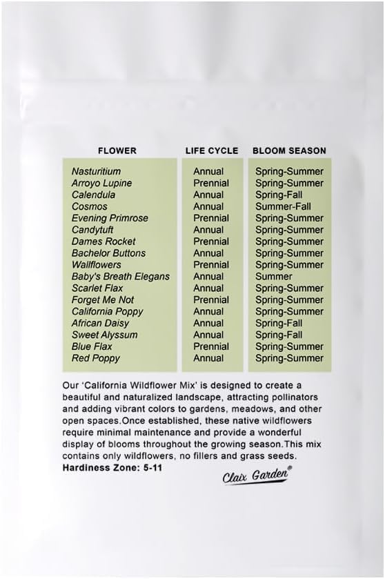 California Wildflower Mix - 5,000 Seeds - 17 Varieties - No Fillers, Open Pollinated and Non GMO, Perennial and Annual Garden Flowers, Attracts Bees and Butterflies