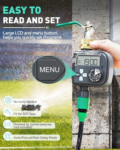 RAINPOINT Sprinkler Timer with 3 Different Programs, Waterproof Hose Timer Brass Inlet, Water Timer with Rain Delay/Manual/Automatic Irrigation Timer System, 1 Outlet