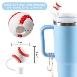 3PCS Straw Cover for Stanley Cup 30&40 Oz 10mm Cloud Silicone Straw Topper Protector Lid with 2PCS 3D Personalized Baseball Charm Stanley Tumblers Accessories (3pcs Baseball +2pcs Baseball Charm)