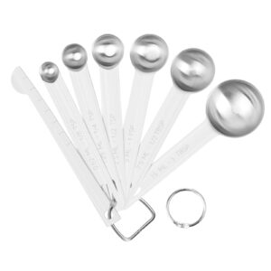 sieqioor durable stainless steel metal measuring spoons set for dry or liquid, small tablespoon, teaspoons, set of 7 including leveler, etched markings and removable clasp, fits in spice jar