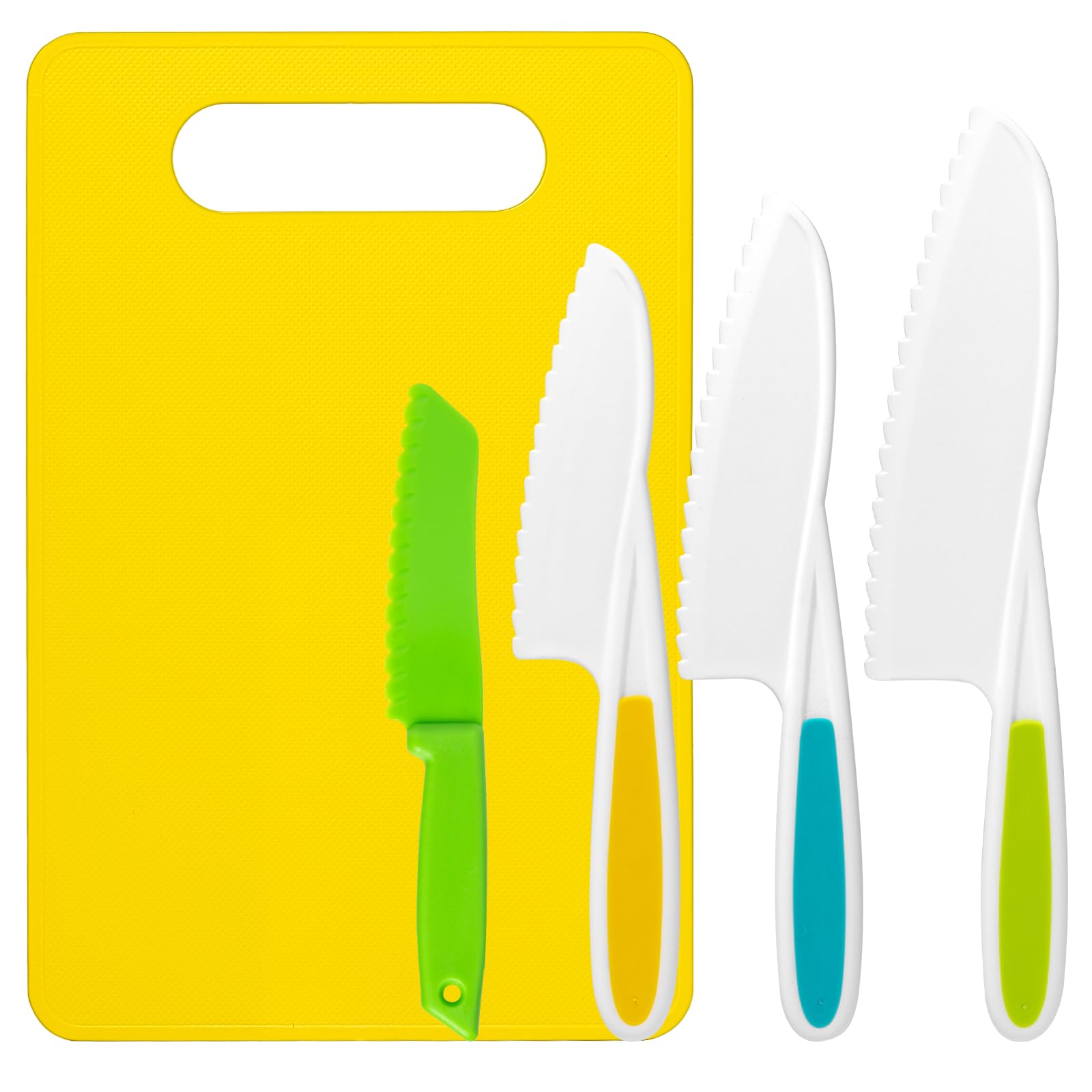 Reaeon 5 Pcs Kids Cooking Sets Real, Montessori Kitchen Tools, Kids Knife Set for Real Cooking, 4 Pcs Children's Safety Cooking Knives, 1 Pc Cutting Board, Serrated Edges Toddler Girl Boy