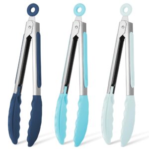 hotec mini silicone kitchen tongs for cooking - 7-inch small serving tongs with silicone tips, set of 3 (blue)