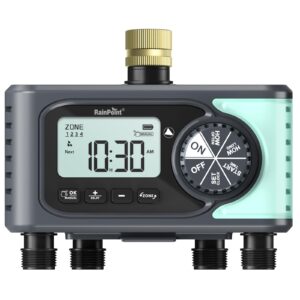 rainpoint sprinkler timer, 4 outlets hose timer with brass inlet, water timer with rain delay/manual/automatic timed controller system, programmable digital irrigation timer for lawn yard, 4 zone