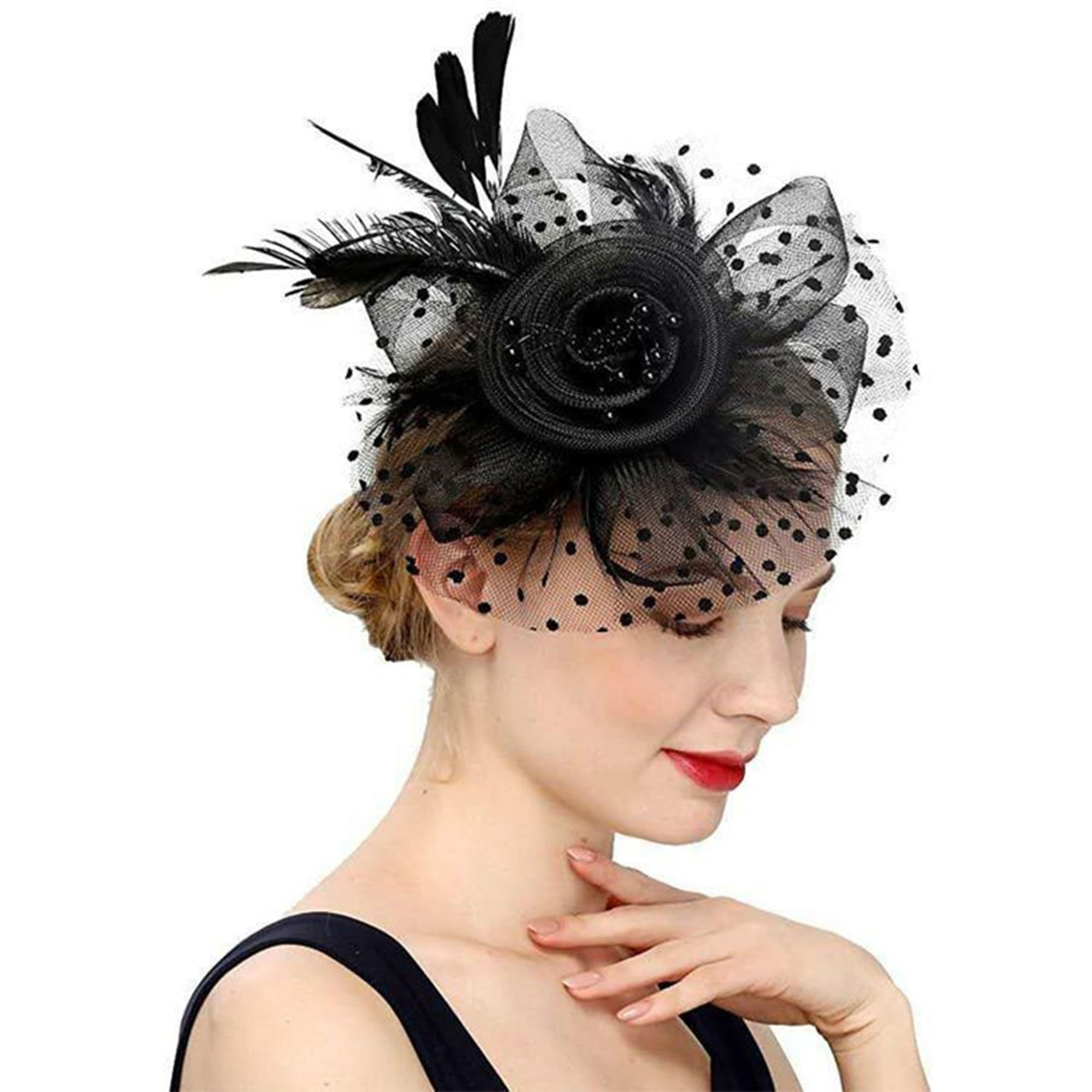 Fascinators Hat for Women Tea Party Headband Kentucky Derby Wedding Flower Cocktail Mesh Feathers Hair Clip Black