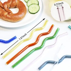 6 Pcs 7.87"×8mm Wavy Glass Straws, Reusable Colorful Glass Straws with 1 Cleaning Brush -Perfect For Juice, Tea, Coffee, Cocktails and Lemonade.