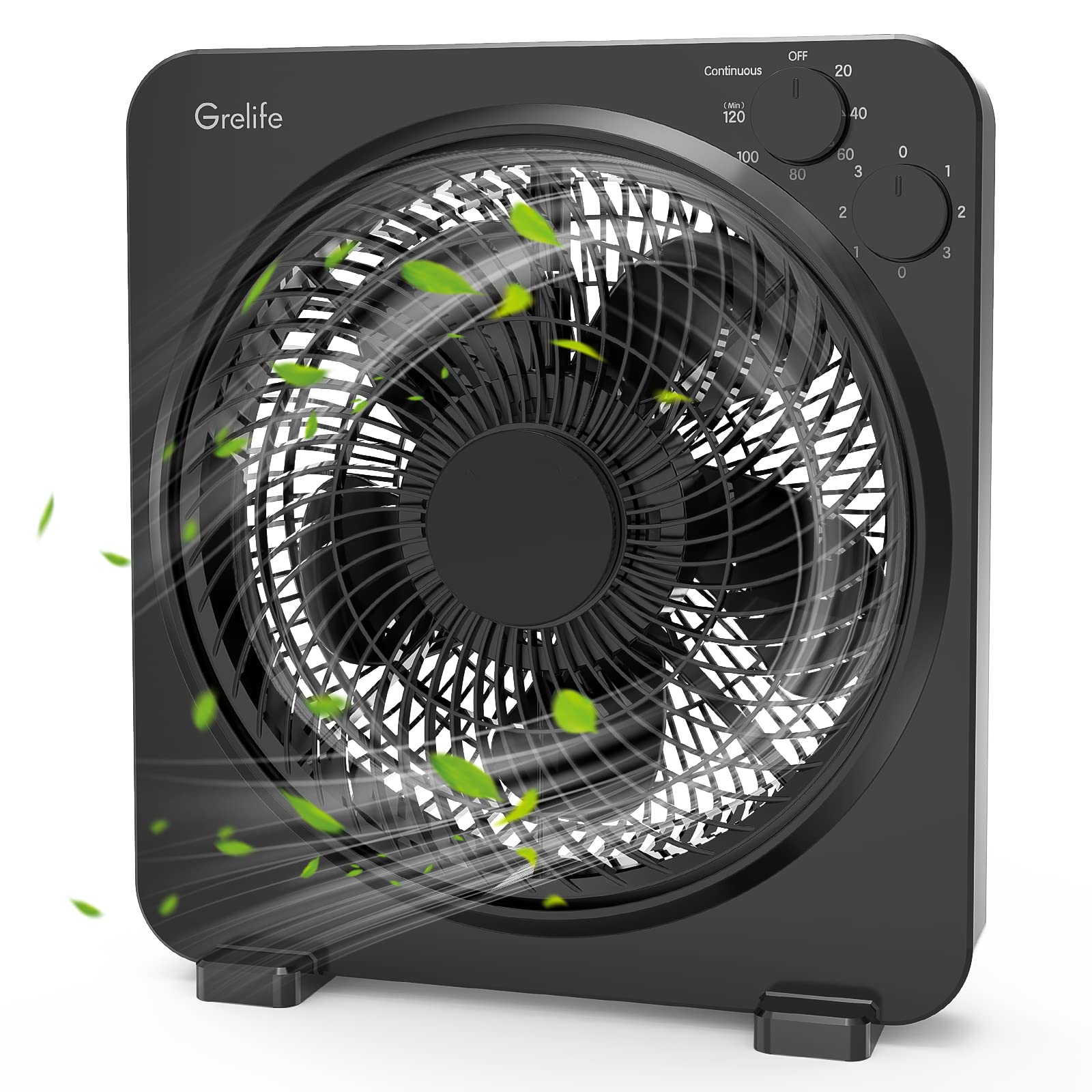 Grelife Table Fan, 14"" Box Fan with 3 Adjustable Speeds, Quiet Running, Fast Cooling Desk Table Fan with 120 Min Timer, Portable Compact Design for Bedroom Home Office Desktop Household, Black