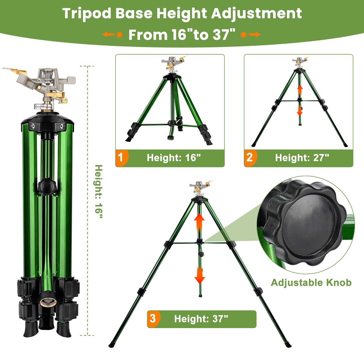 Lawn Sprinklers for Yard, Pattiumo 360°Tripod Sprinklers for Yard Large Area, 3/4" Connector, Adjustable Height 16-37”, Heavy Duty Sprinklers for Garden/Yard/Patio, 1Pack