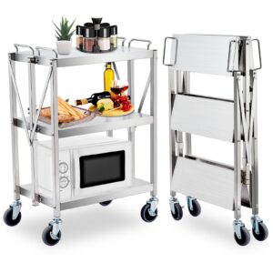 garvee heavy duty folding utility cart, stainless steel collapsible service cart 133 lbs large loading per shelf, sturdy 3-tier rolling cart with wheels lockable for restaurant garage office outdoor