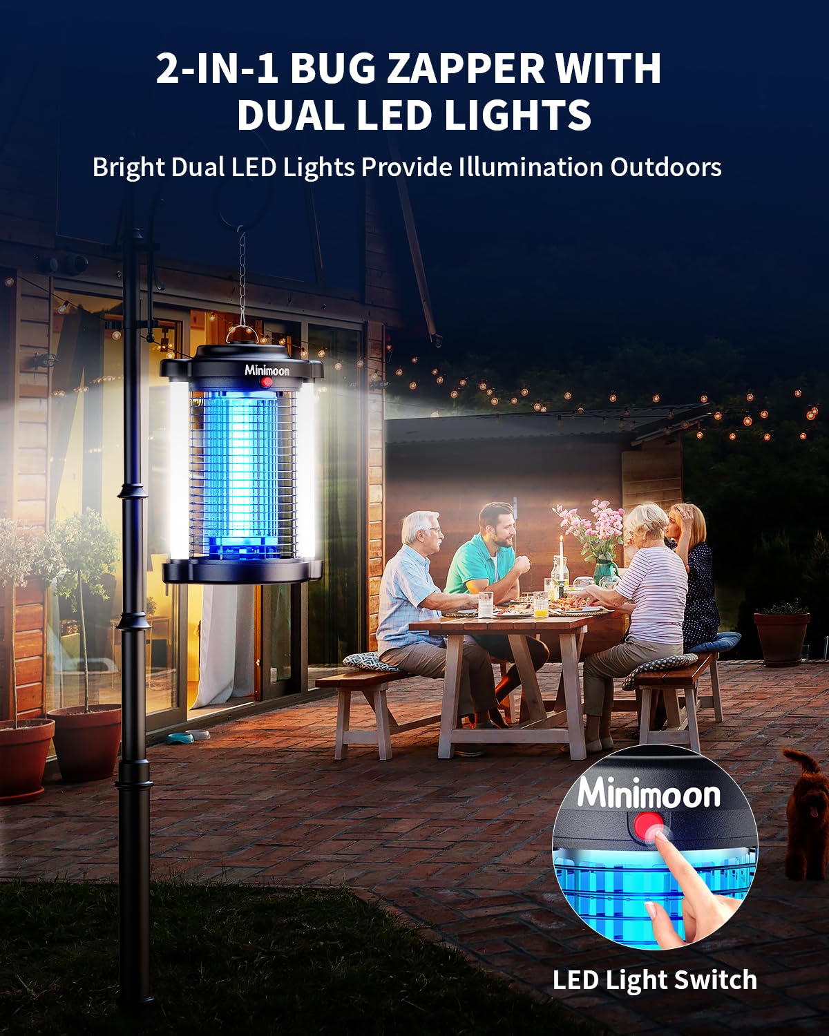 Minimoon Bug Zapper Outdoor, Upgraded Mosquito Zapper with Dual LED Light, 4200V Fly Zapper, 15W Electric Fly Traps Outdoor, IPX4, 8.2Ft Cord, Insect Trap for Yard, Backyard, Patio