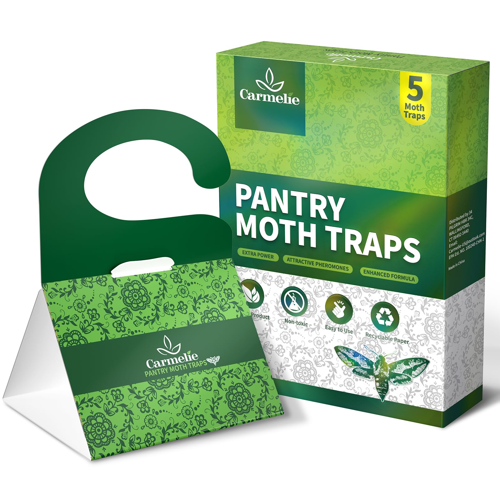 Carmelie Moth Traps, Pantry Moth Traps with Pheromones Prime, 5 Moth Traps for Meal Moth Killer, Sticky Glue Flies Pest Food and Cupboard Moth Killer, Hook Design for Indoor Kitchen Closet, Non-Toxic