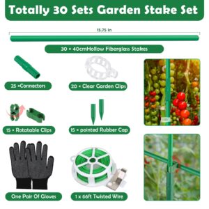 Cludoo 94PCS Garden Stakes Set with 30 Sets Fiberglass Plant Stakes Sticks Supports and Accessories, DIY 4ft 5ft 6ft 7ft Tomato Stakes for Tomato,Vegetables, Pepper, Fences Indoor Outdoor Plants