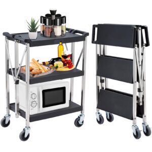 garvee foldable utility service cart w/ 360°swivel wheels lockable, 300lbsload capacity, xl 3-tier tool carts for restaurant garage office outdoor storage and transport, stainless steel frame