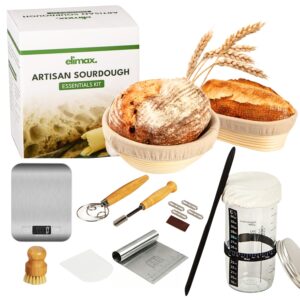 complete sourdough starter kit, sourdough bread baking supplies with kitchen scale, 9" round & 10" oval banneton proofing baskets, glass starter jar, bread lame, danish whisk & more.