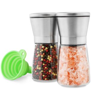 stainless steel salt and pepper grinder set of 2 - pepper mill & salt mill with adjustable coarseness - glass spice shakers - easy clean ceramic grinders w/funnel