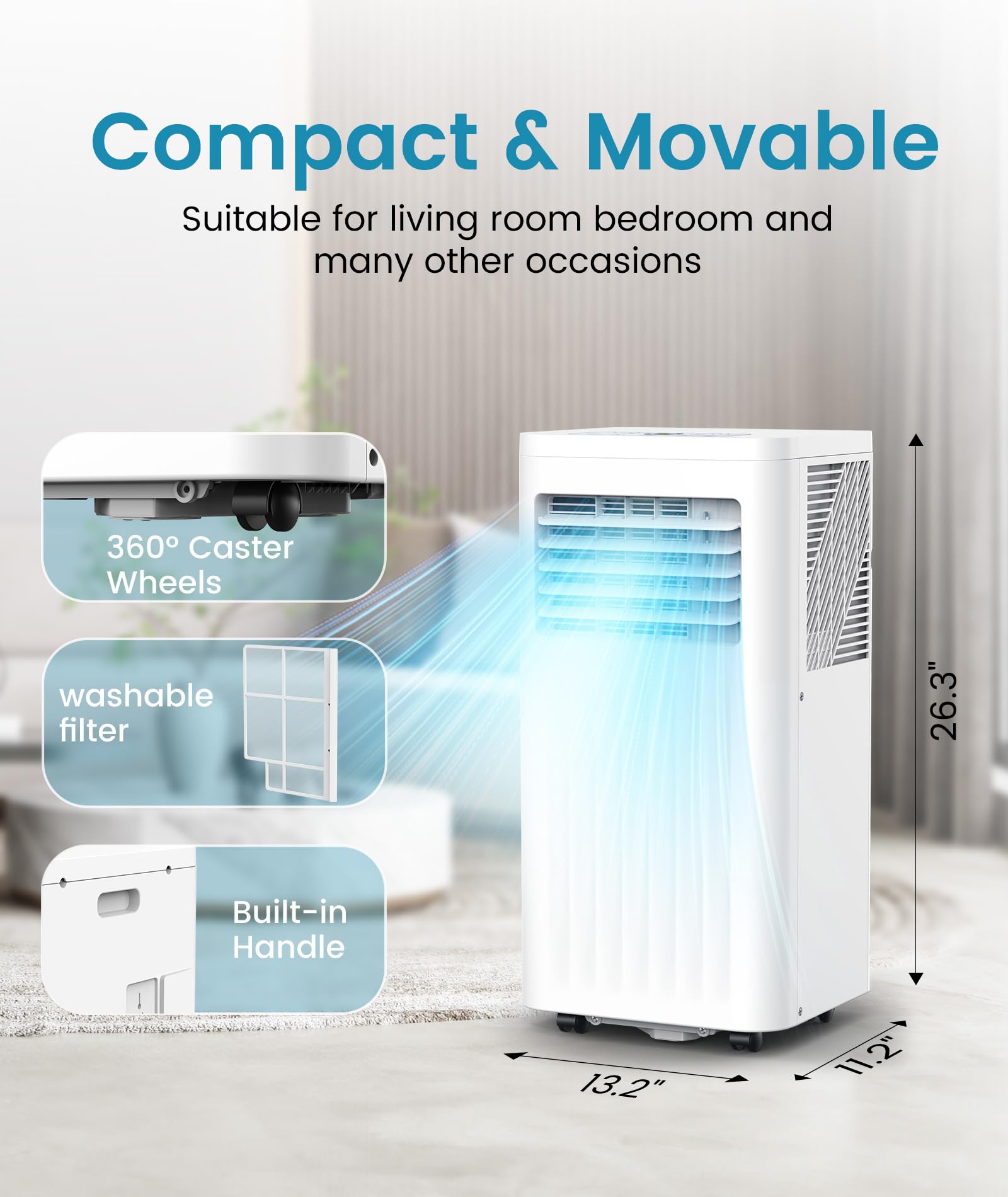 Joy Pebble Portable Air Conditioner, 8000 BTU Air Conditioner with Cooling, Fan, Dehumidifier, Sleep Mode, ≤55 db, Cooling up to 350 Sq. Ft. with 24H Timer/Digital Display/Remote Control & Window Kit