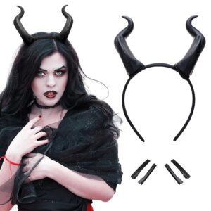 mostory black ox horn headband - handmade devil hairband dark horn hairhoop demon headband with clips for easter cosplay carnival mardi gras renaissance photo shoot